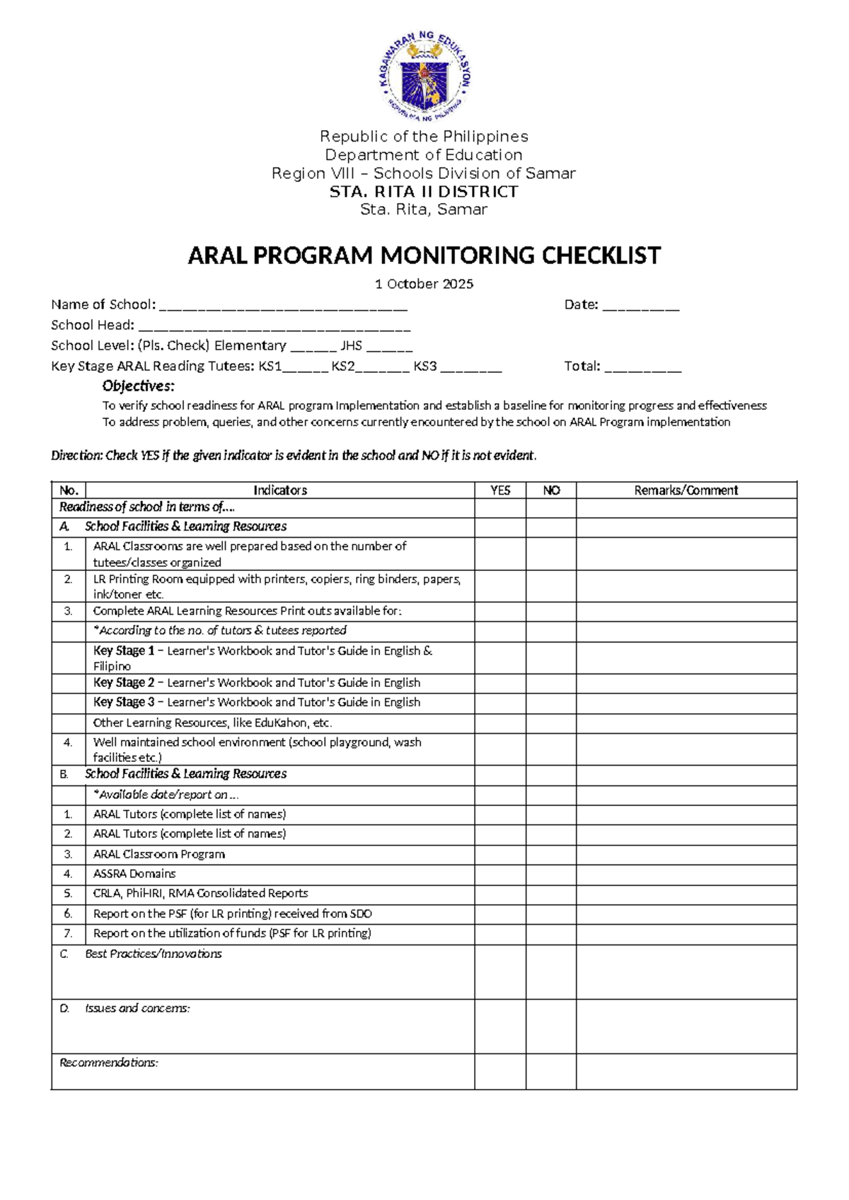 ARAL Program Monitoring Checklist - Samar Division 2025 - Studocu