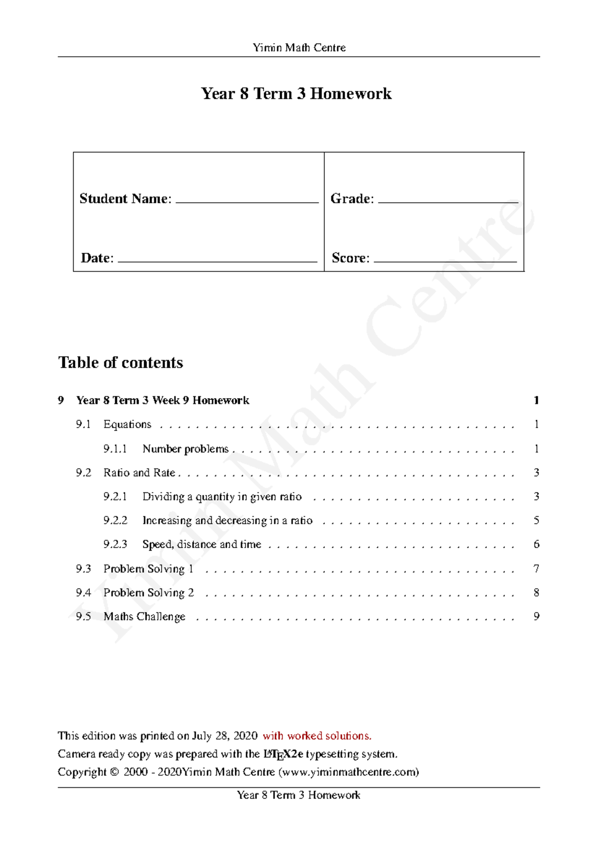 Year 8 Maths Term 3 Week 9 Homework Practice Materials - Studocu