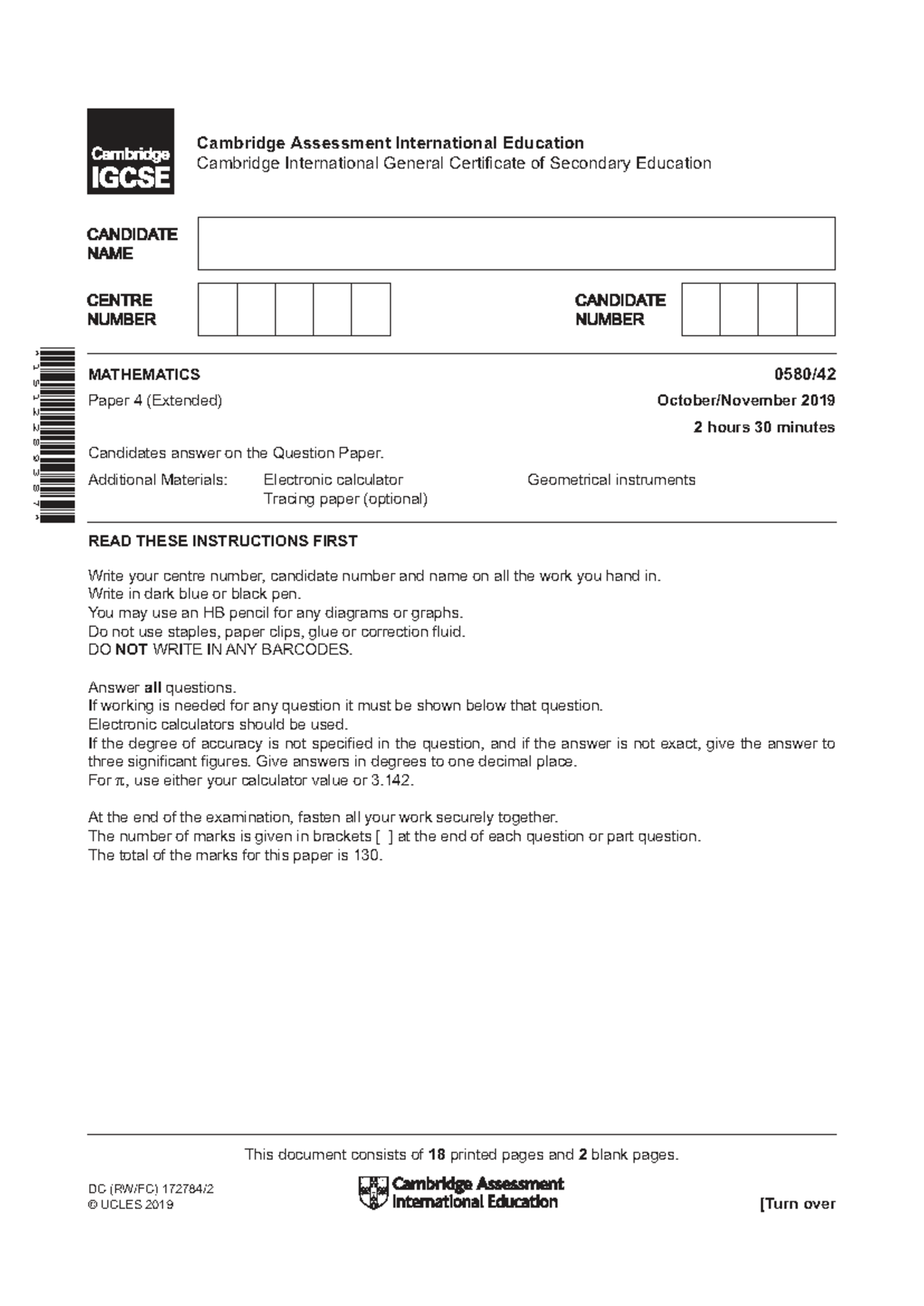 Cambridge IGCSE 0580/19 Mathematics Paper 4 (Extended) Exam 2019 - Studocu