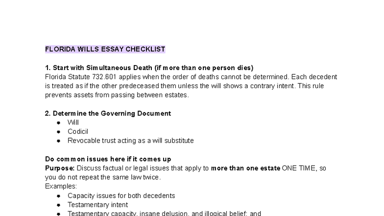 FL WILLS ESSAY CHECKLIST: Key Legal Considerations in Florida - Studocu