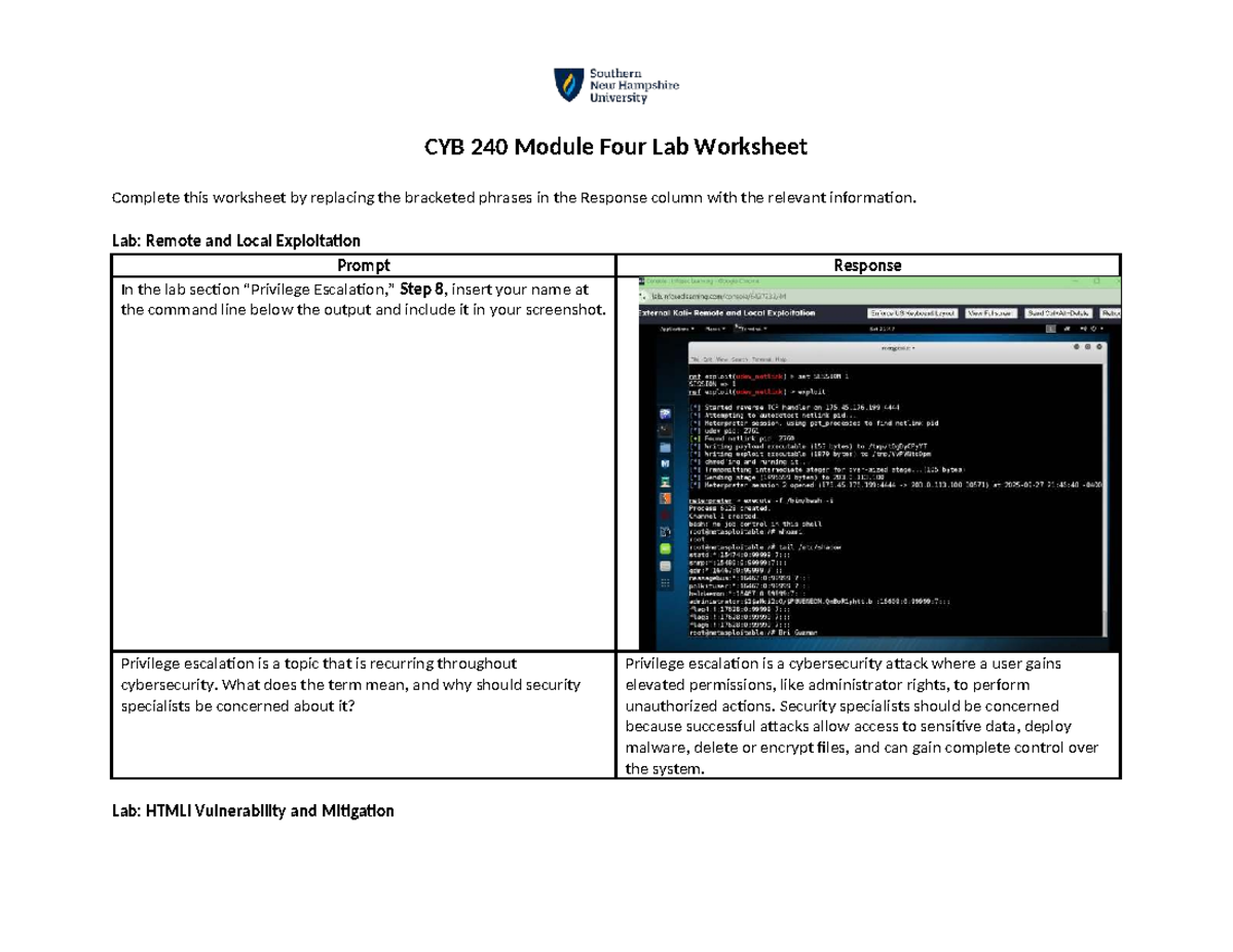 CYB 240 Module Four Lab Worksheet: Remote & Local Exploitation - Studocu
