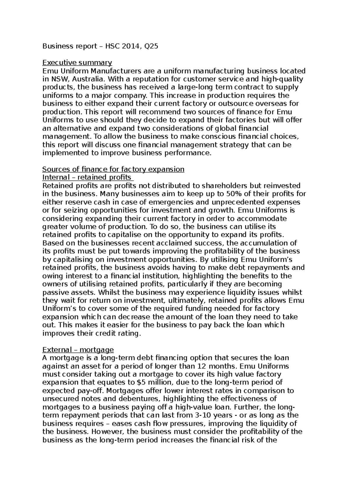 Finance Report: Sources for Factory Expansion - HSC 2014, Q25 - Studocu