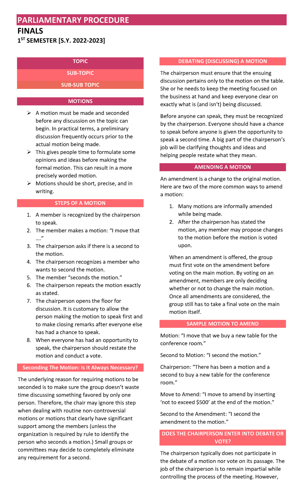 Finals - Notes for Parliamentary Procedure/ MOTIONS - PARLIAMENTARY ...