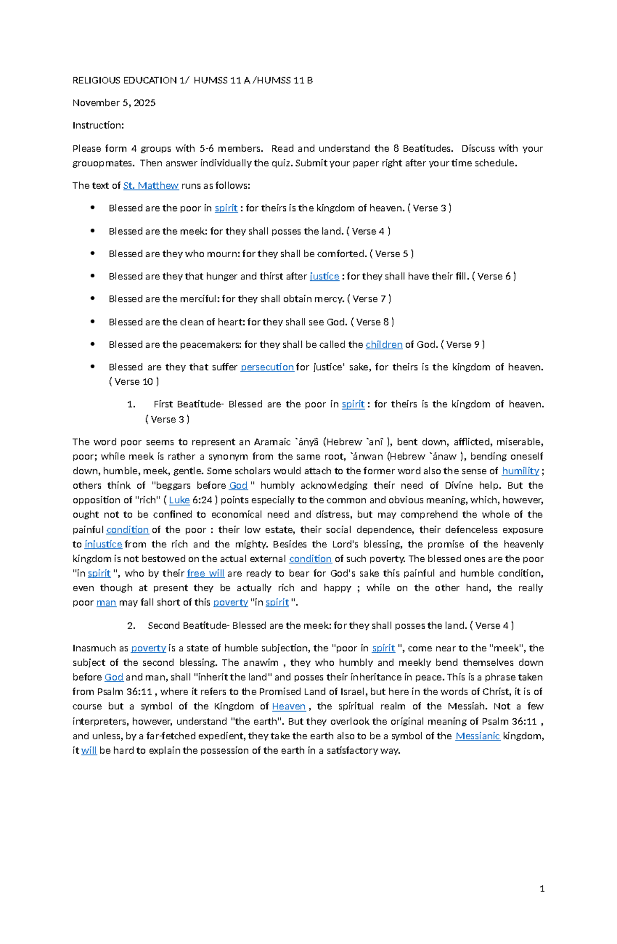 8 Beatitudes Discussion Guide - RELIGIOUS EDUCATION HUMSS 11 A/B - Studocu