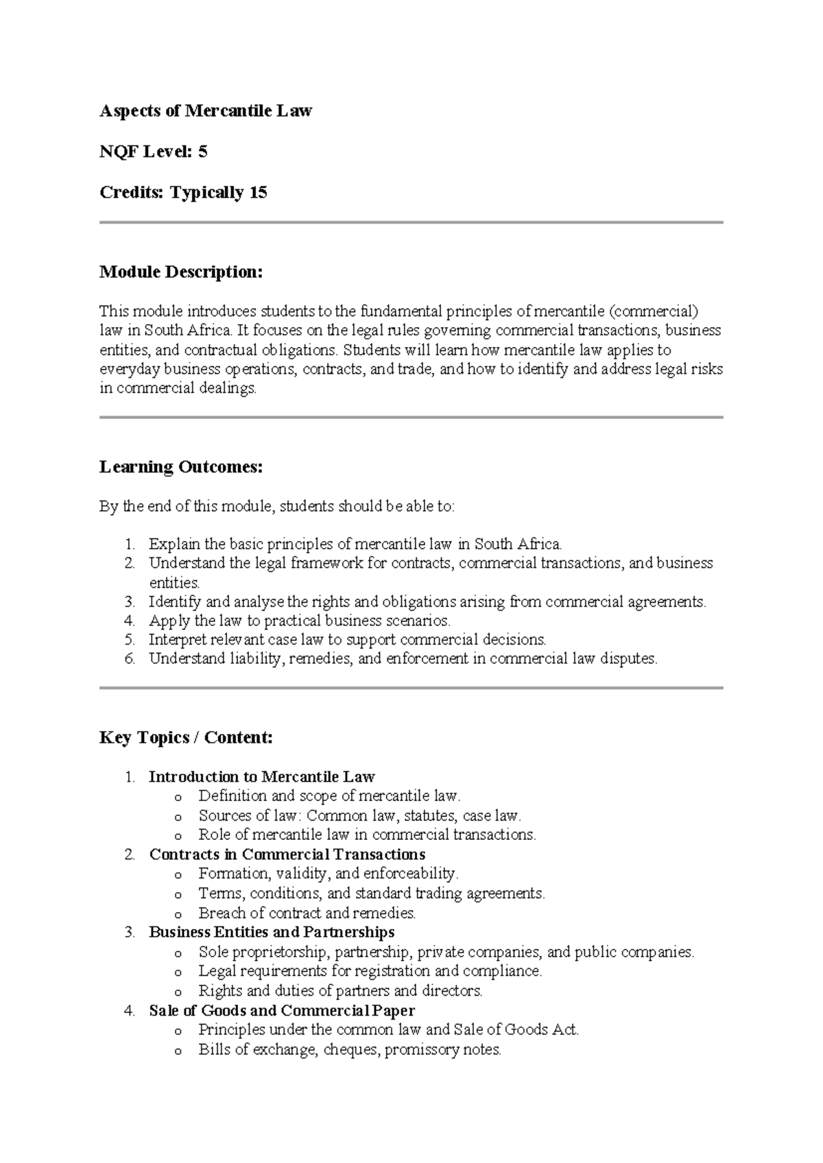 Aspects of Mercantile Law: NQF Level 5 Module Overview - Studocu