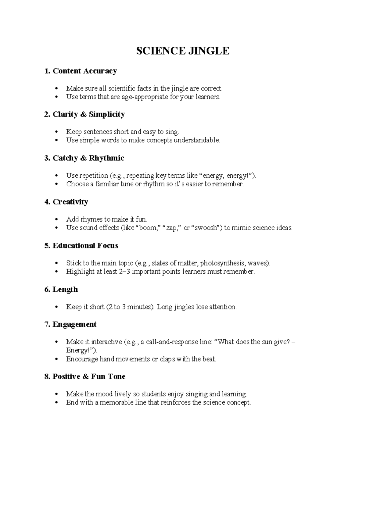 SCI 101: Creating Engaging Science Jingles for Learning - Studocu