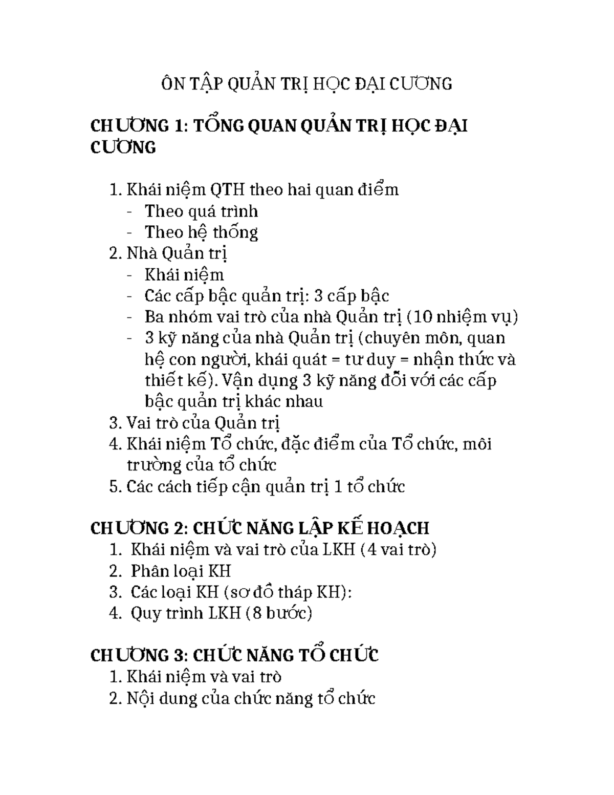 ÔN TẬP QUẢN TRỊ HỌC ĐẠI CƯƠNG - ÔN T ẬP QU ẢN TR Ị H ỌC Đ ẠI C ƯƠNG CH ƯƠNG 1: T ỔNG QUAN - Studocu