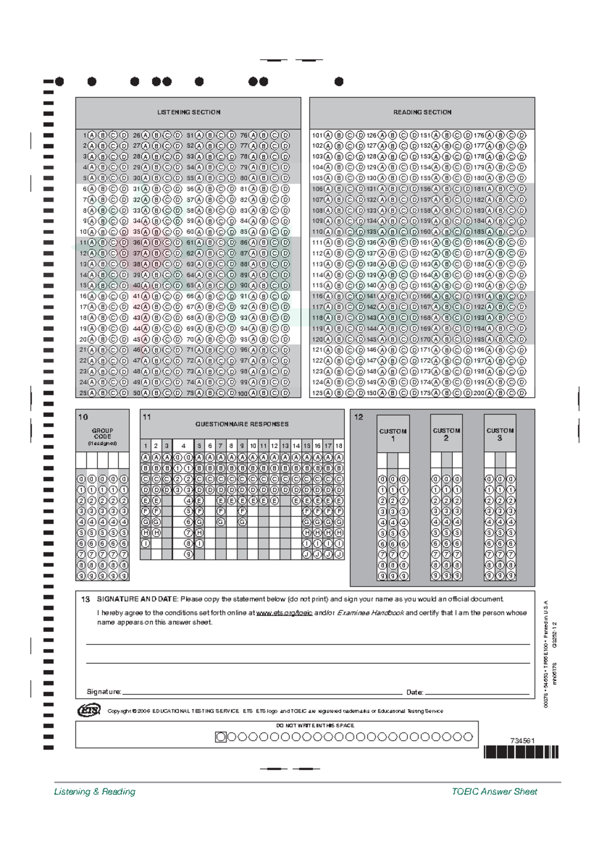 TOEIC Listening & Reading Answer Sheet (Test Code: TF66E100) - Studocu