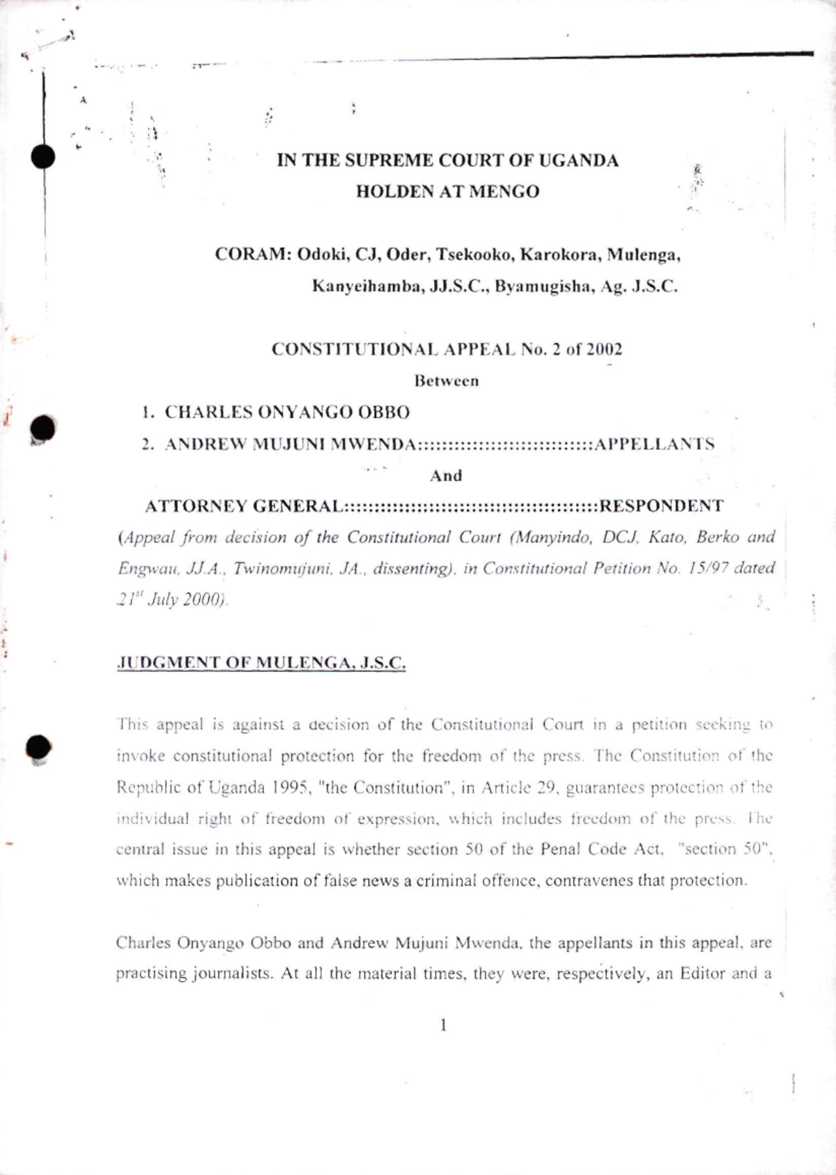 Supreme Court of Uganda Case Study: Onyango Obbo v. Attorney General ...