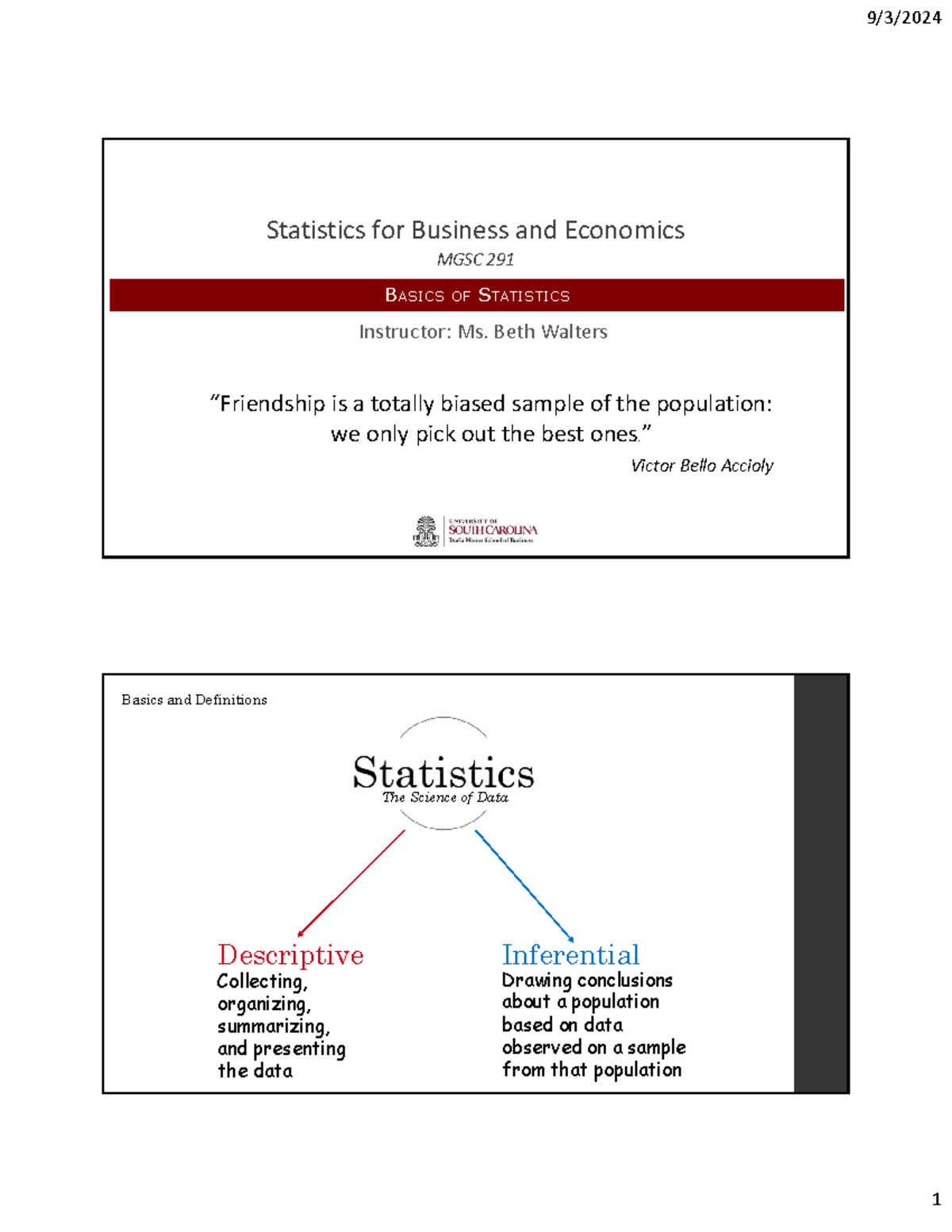 Basics of Statistics Notes - MGSC 291: Key Concepts and Definitions ...