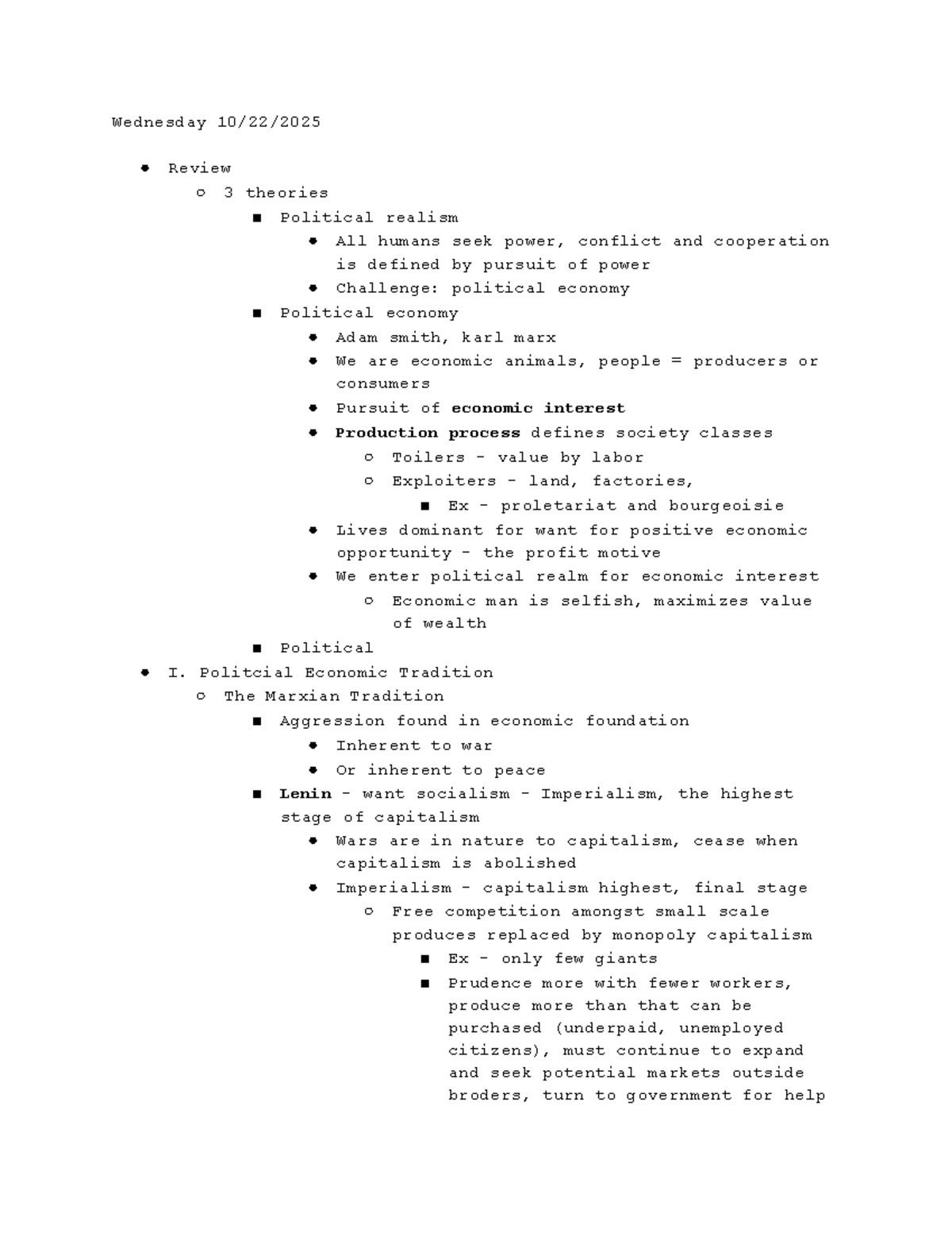 POLI 12 Lecture 8: Theories of Political Realism and Economy - Studocu