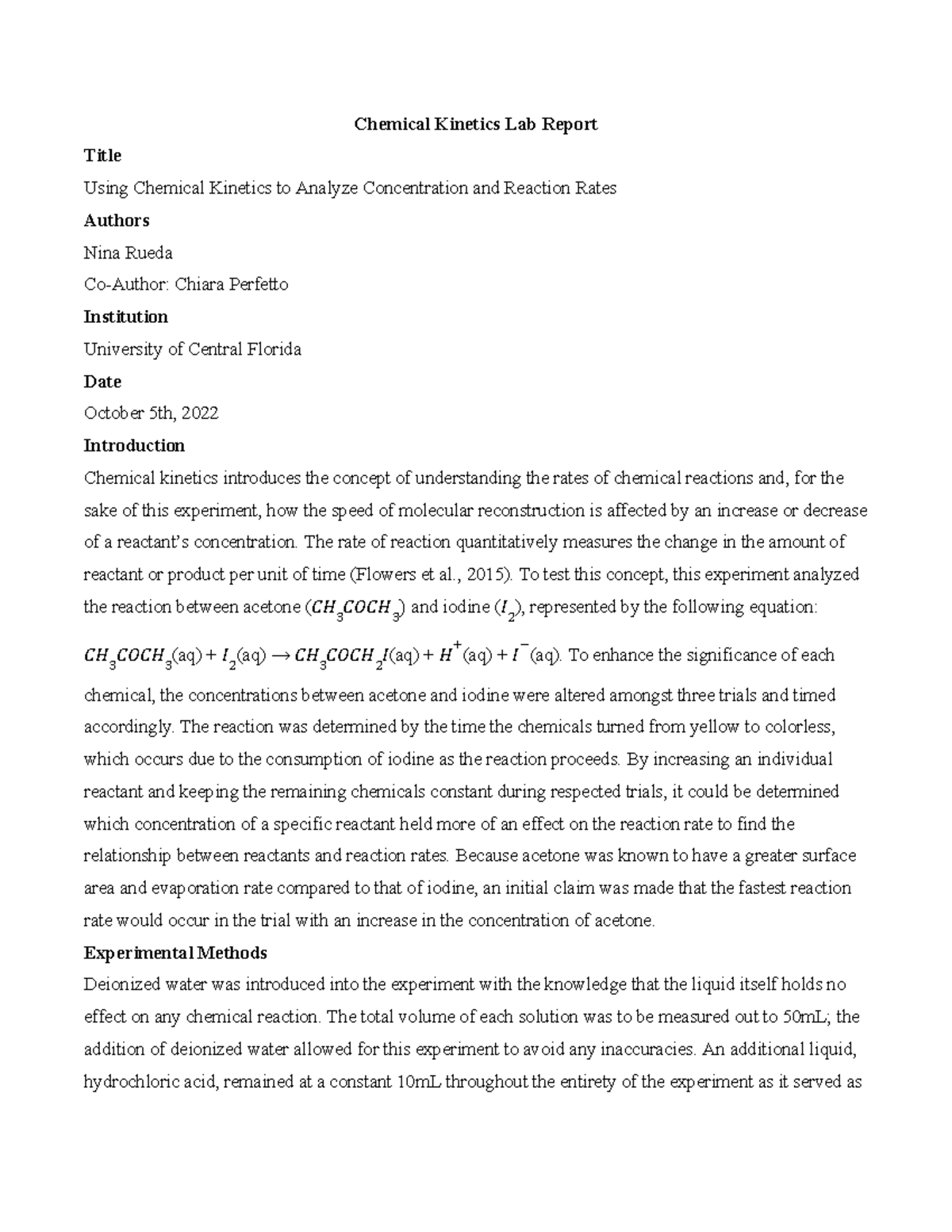 Chemical Kinetics Lab Report: Analyzing Reactant Concentration & Rates ...