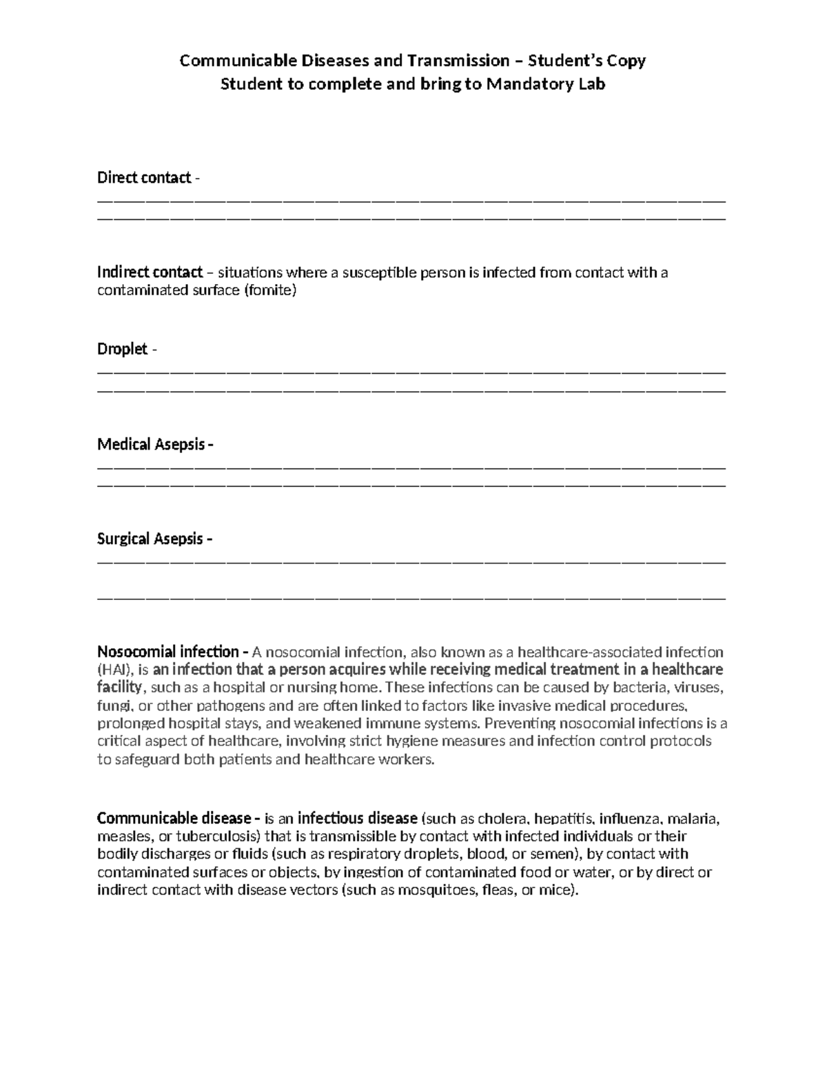 Communicable Diseases & Infection Control - Student Fact Sheet - Studocu