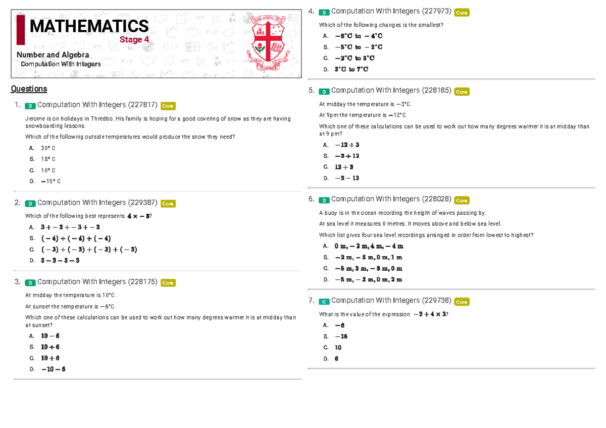 Computation With Integers (Core) - Practice Materials for Exams - Studocu