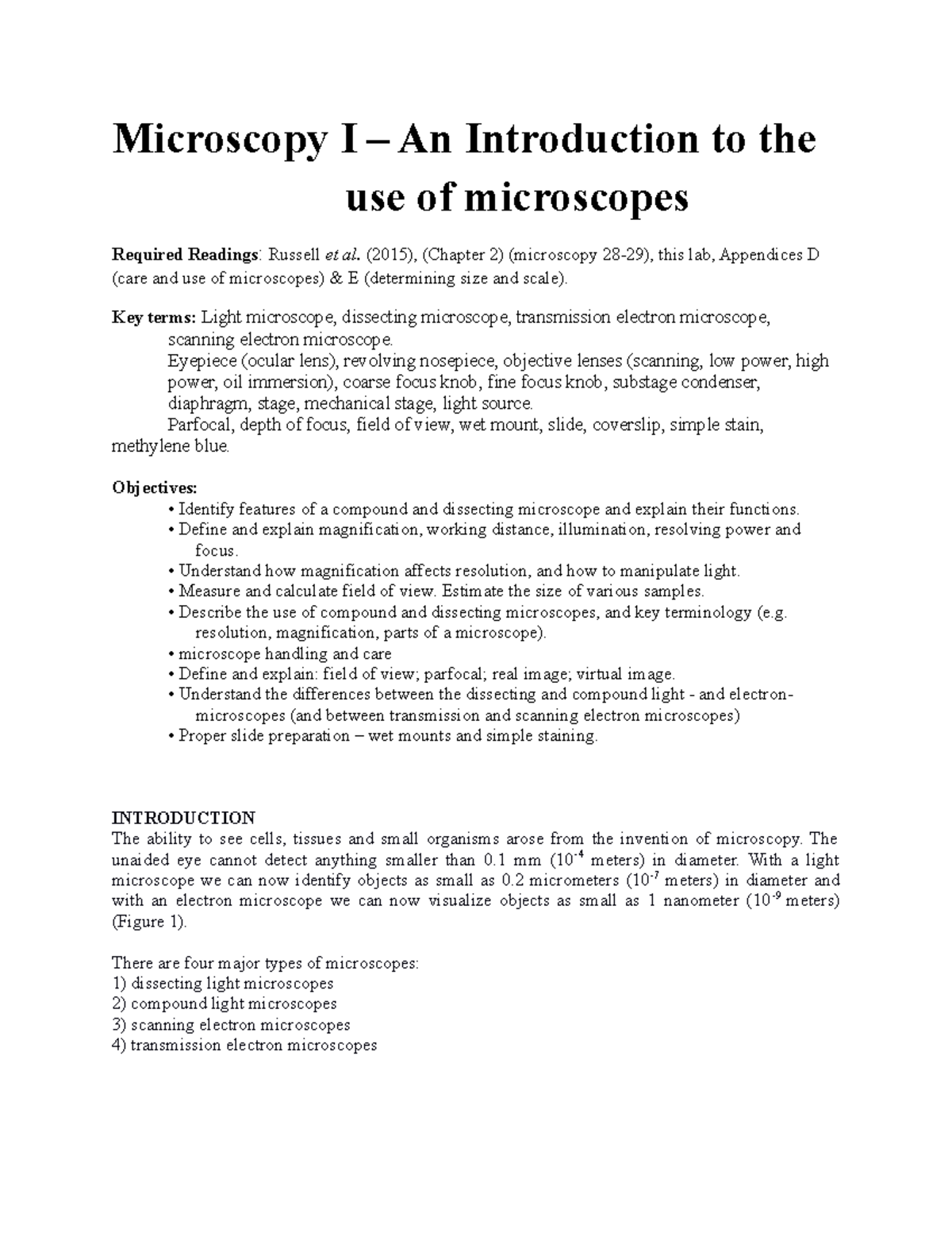 Microscopy I - Lab 1 Answers: Function & Care of Microscopes - Studocu