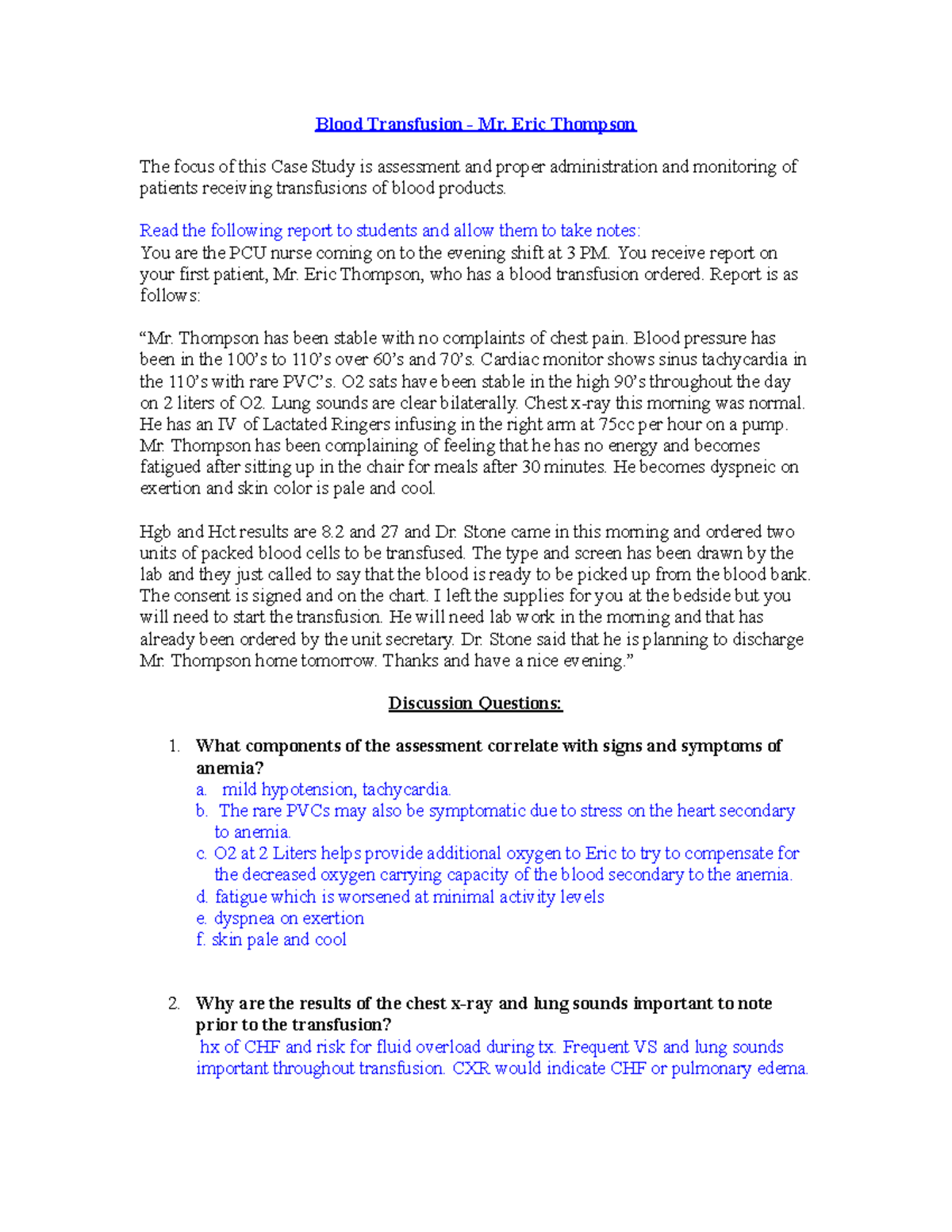 Blood Transfusion Case Study: Correct Answers for Effective Care - Studocu