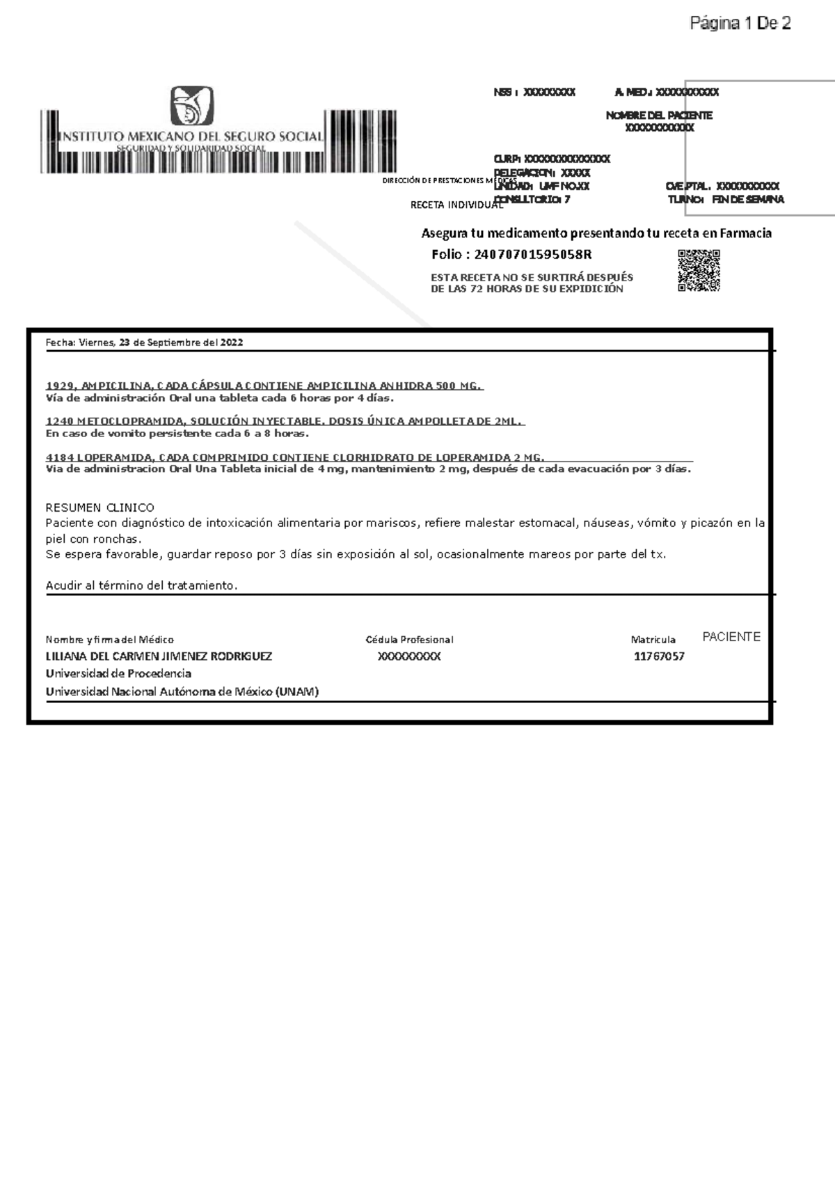 Receta Individual IMSS - Paciente [NOMBRE] - 23 Sept 2022 - Studocu