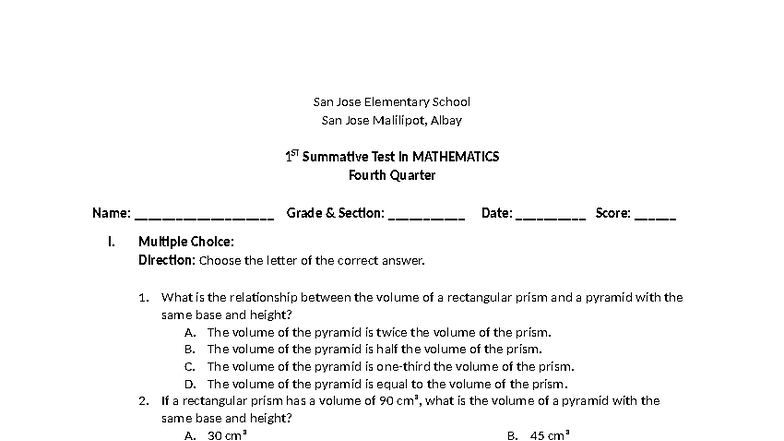 1ST Summative Test in Mathematics 6: Volume Relationships and Formulas ...