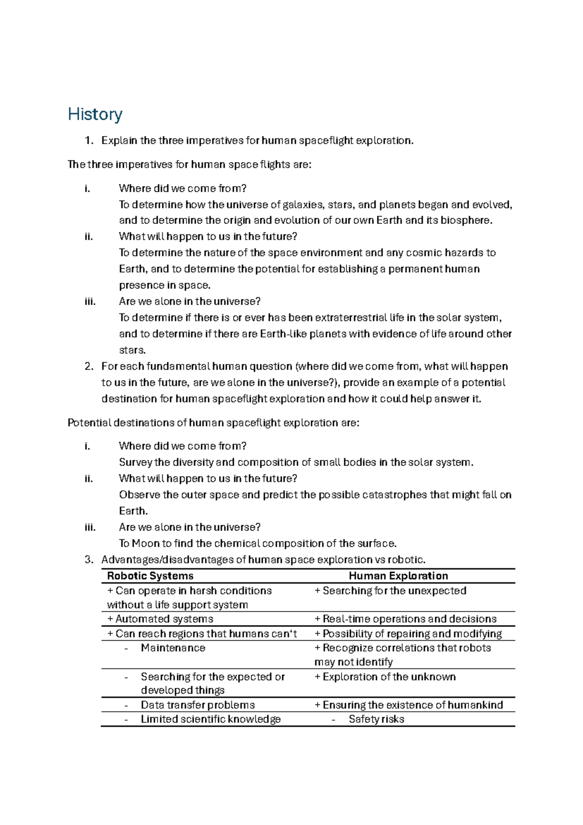 History 1: Key Imperatives for Human Spaceflight Exploration - Studocu