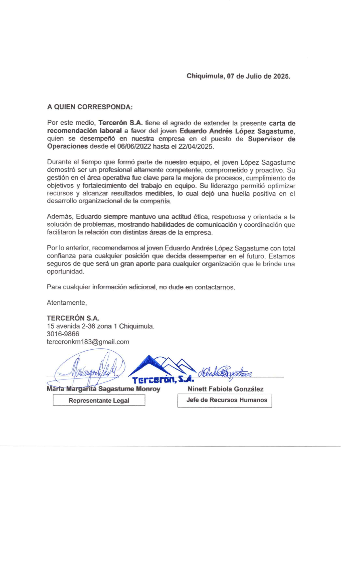 Carta de Recomendación Laboral para Eduardo López - Tercerón S.A. - Studocu