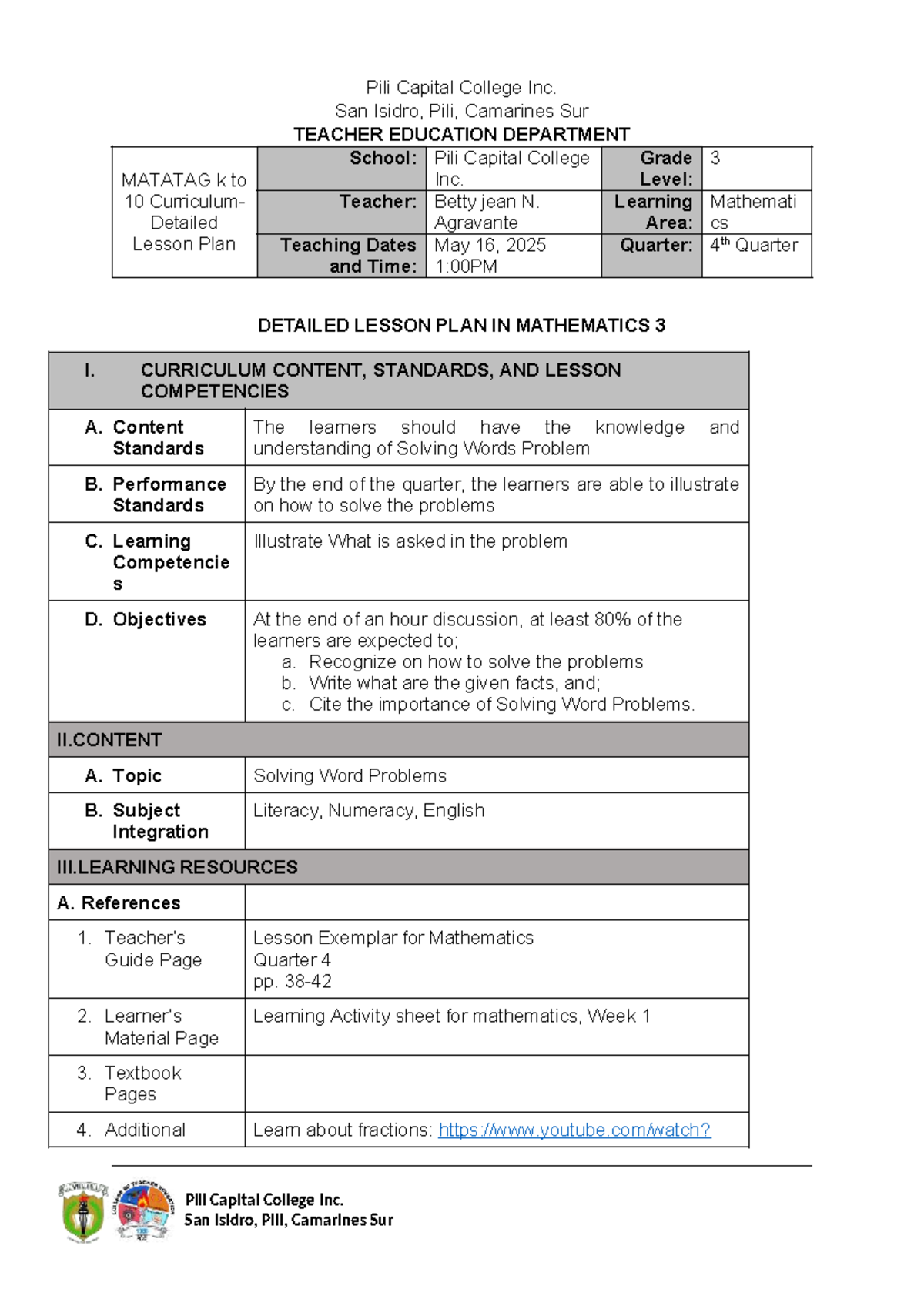MATH-ED 3 Detailed Lesson Plan: Solving Word Problems - Studocu