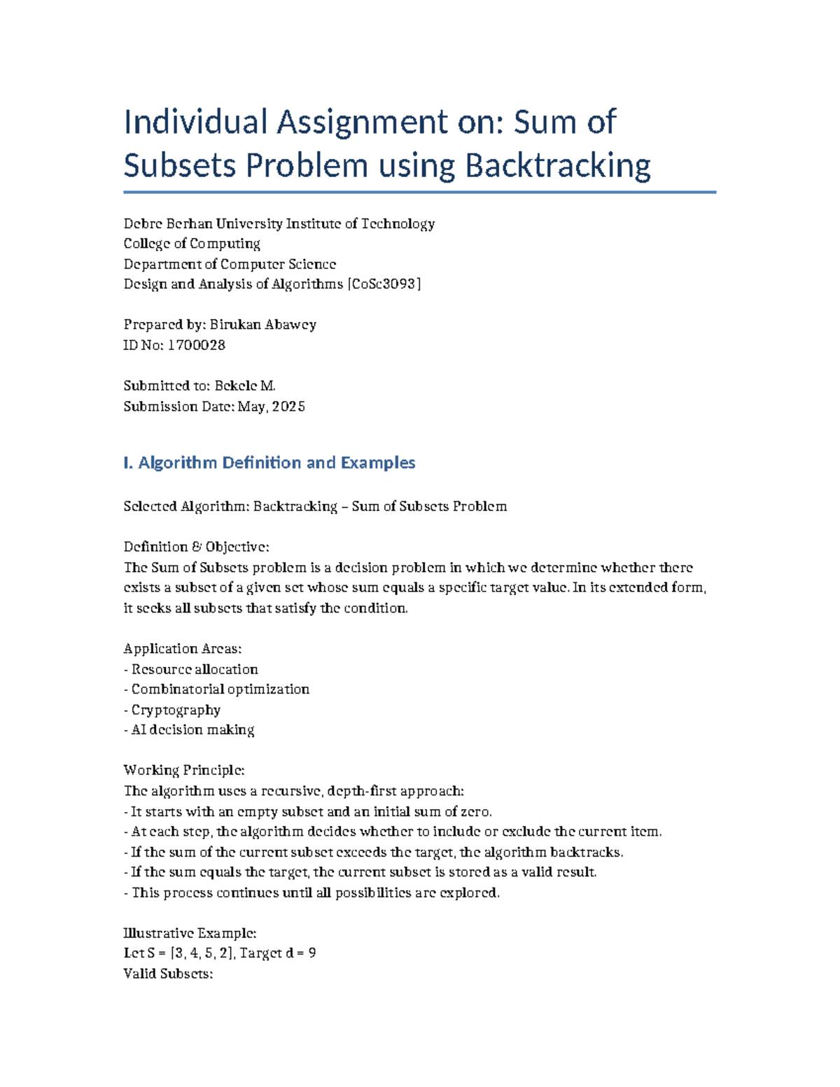 Individual Assignment: Sum of Subsets Problem (CS 101) Using Backtracking - Studocu