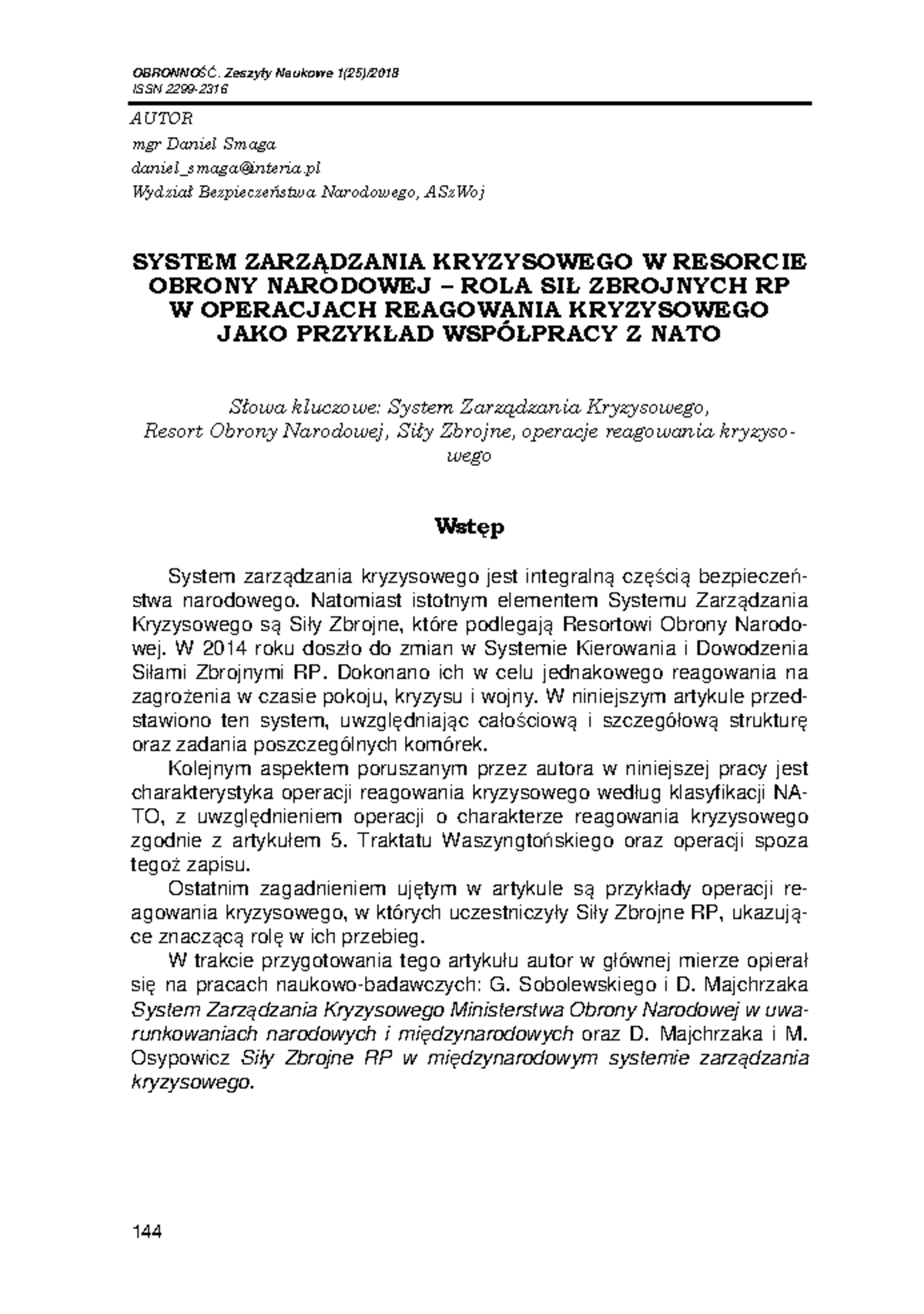 System Zarządzania Kryzysowego w Resorcie Obrony Narodowej: Rola Sił ...