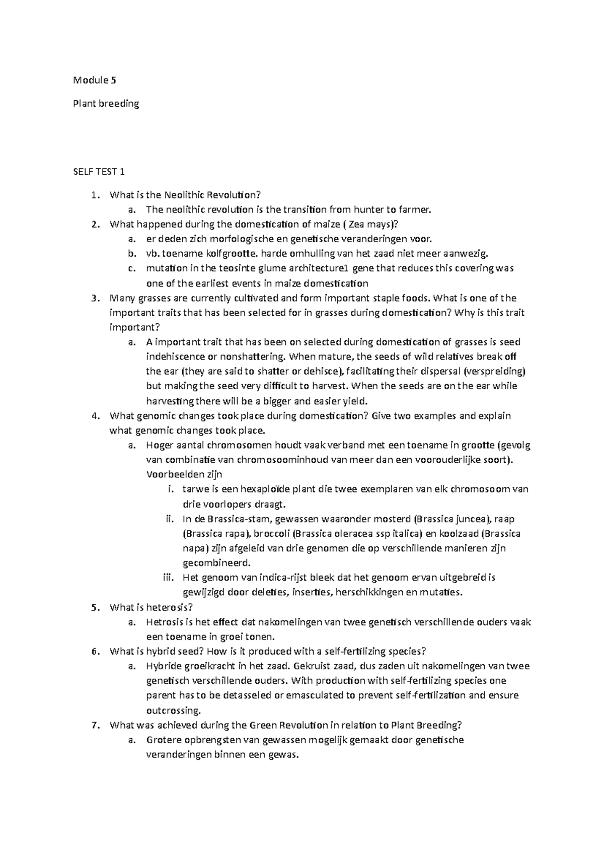 Module 5 Plant Breeding: SELF Tests Overview and Key Concepts - Studeersnel
