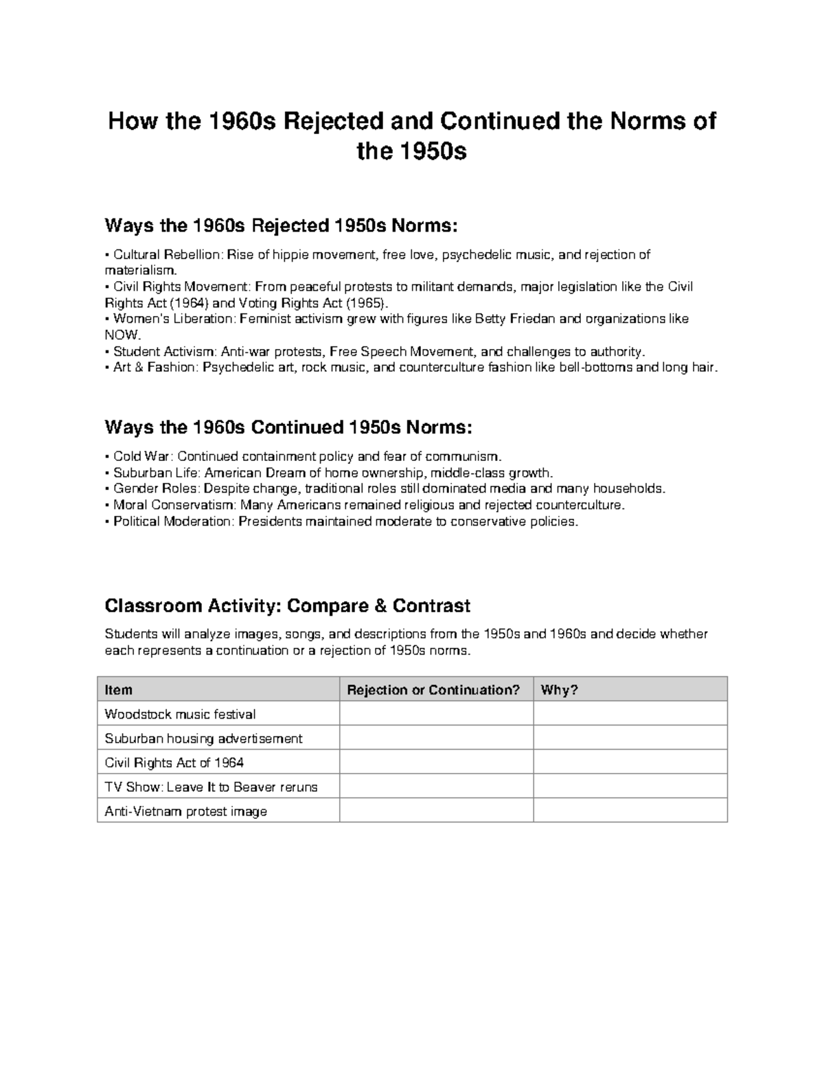1960s vs 1950s Lesson: Analyzing Cultural Shifts and Continuities - Studocu