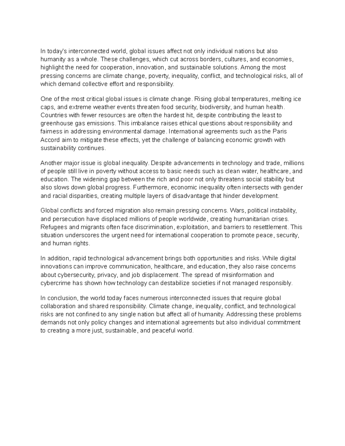 Global Issues Essay: Climate Change, Inequality & Cooperation - Studocu