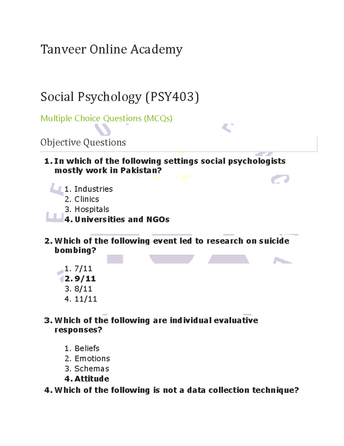 QUIZ File - psy 403 social psychology - Tanveer Online Academy Social ...