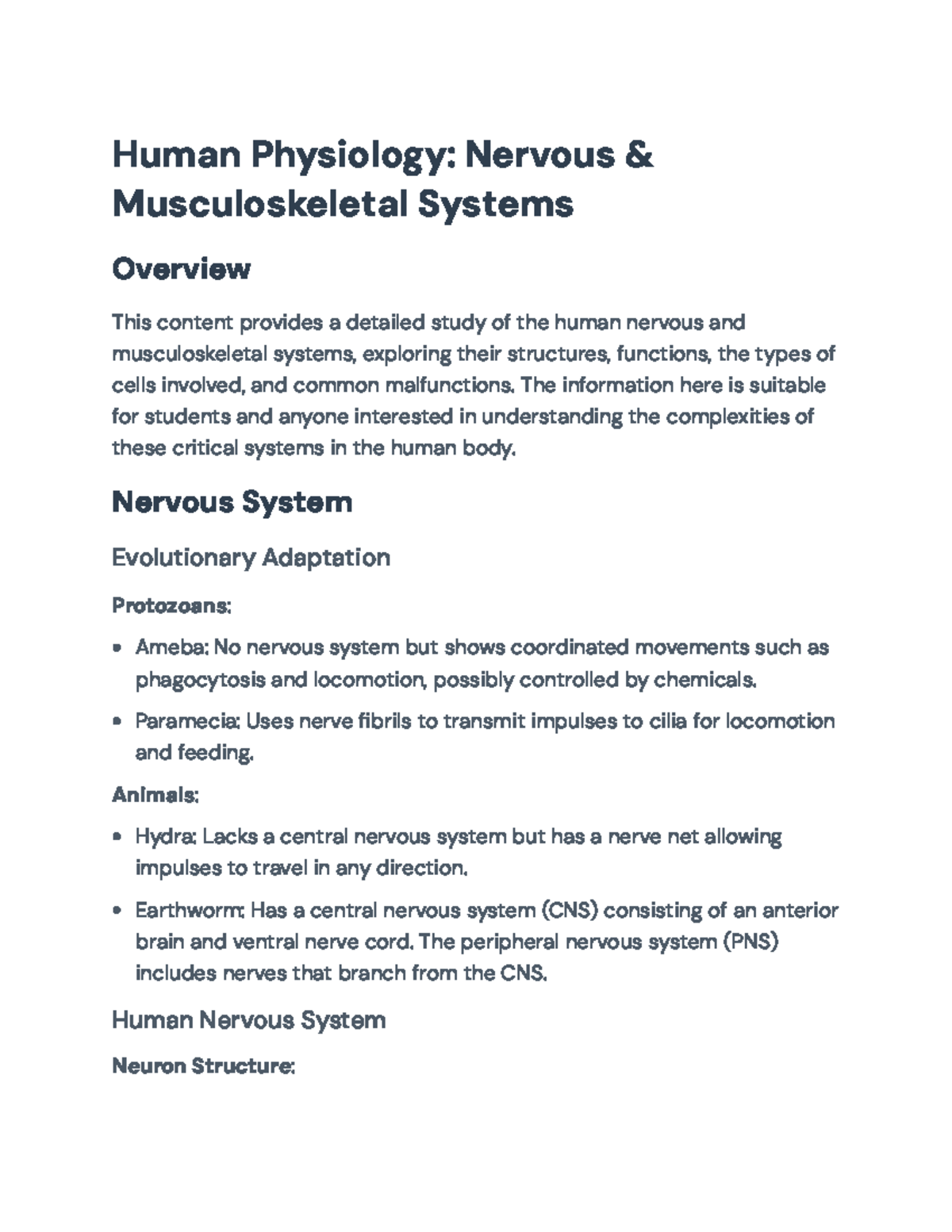 Human Physiology: Nervous & Musculoskeletal Systems Overview - Human ...