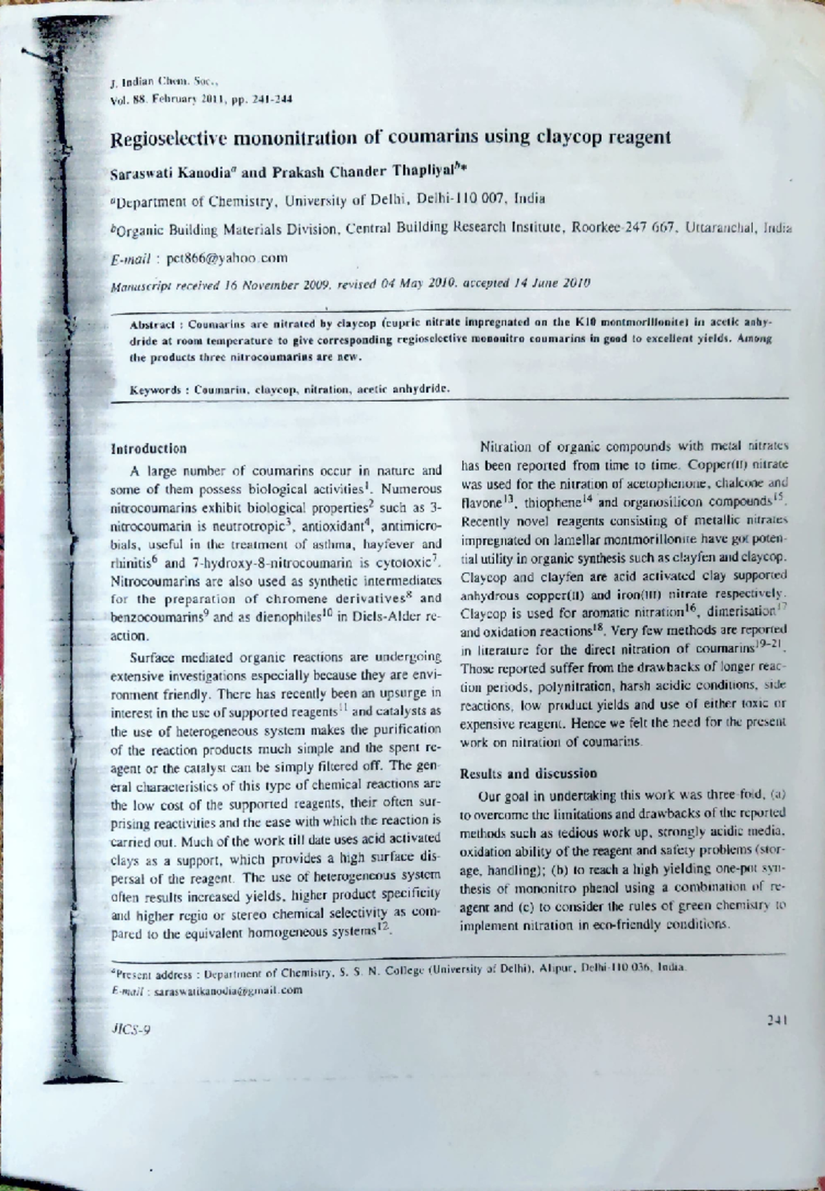 Regioselective mononitration of coumarins by claycop - J. Indian Chem ...