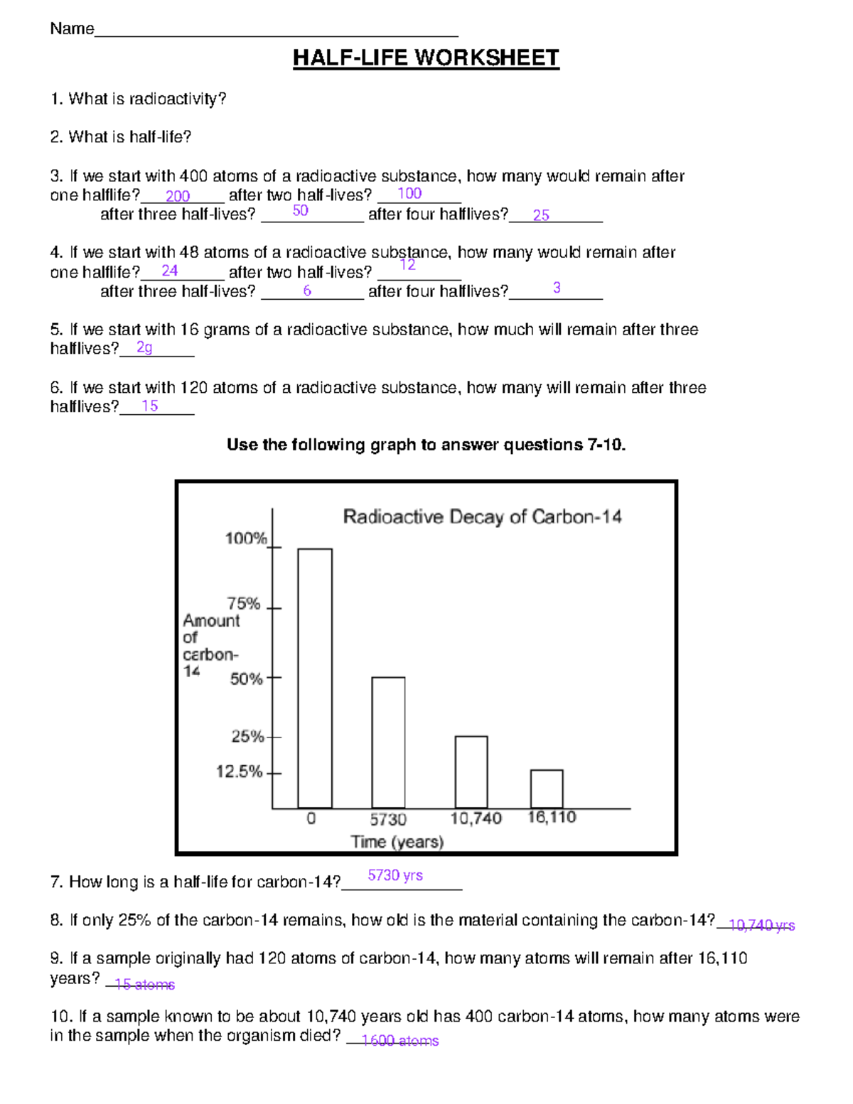 Biology I - Half Life Worksheet (Sept 2011) by Robert Murillo - Studocu