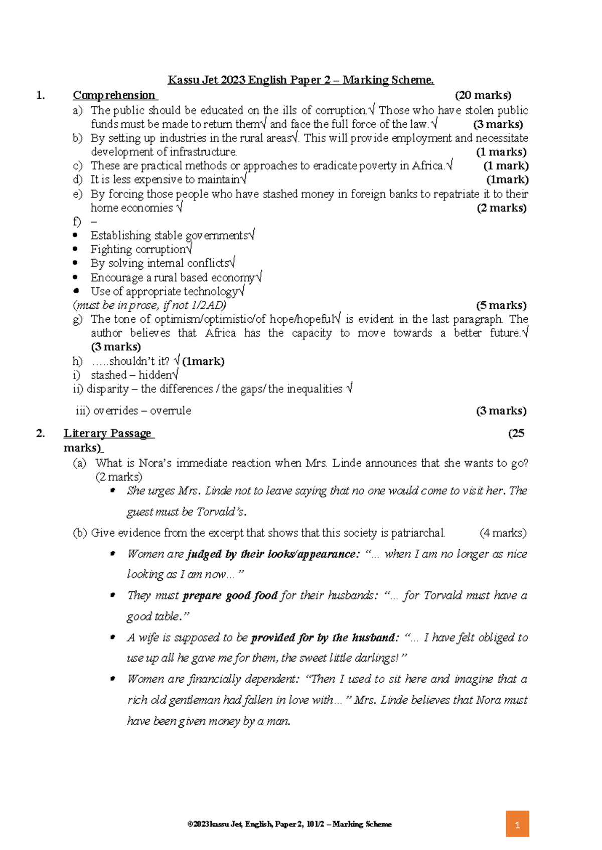 Kassu Jet 2023 English P2 Marking Scheme: Comprehension & Literary ...