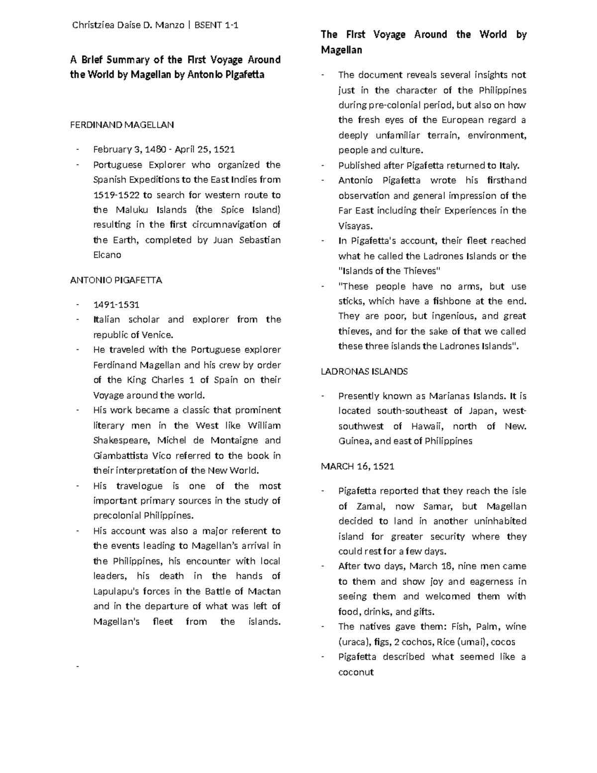 Summary of Magellan's First Voyage Around the World by Pigafetta - HIST ...