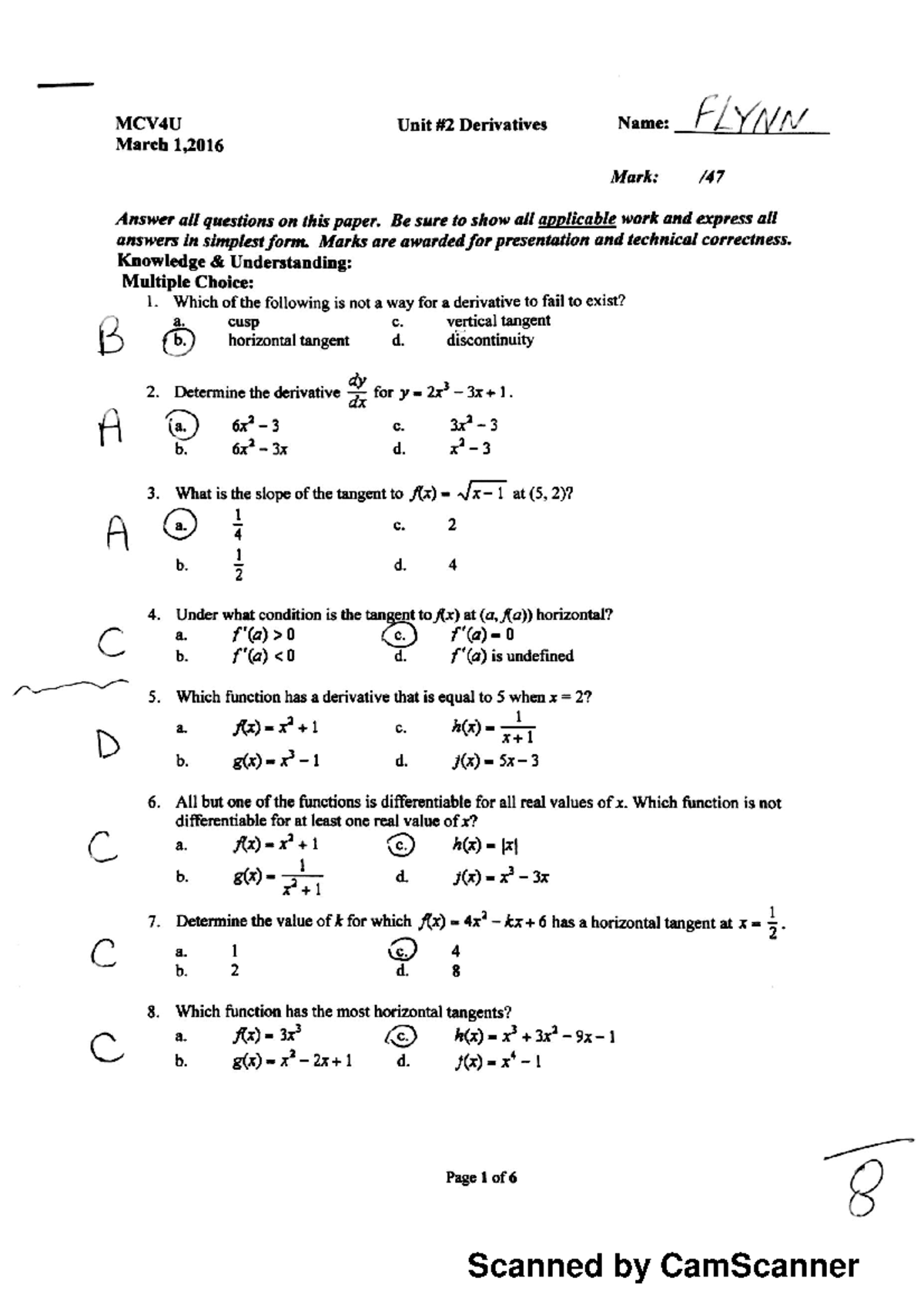 MCV4U Unit 2 Practice Test Answers on Derivatives - Studocu