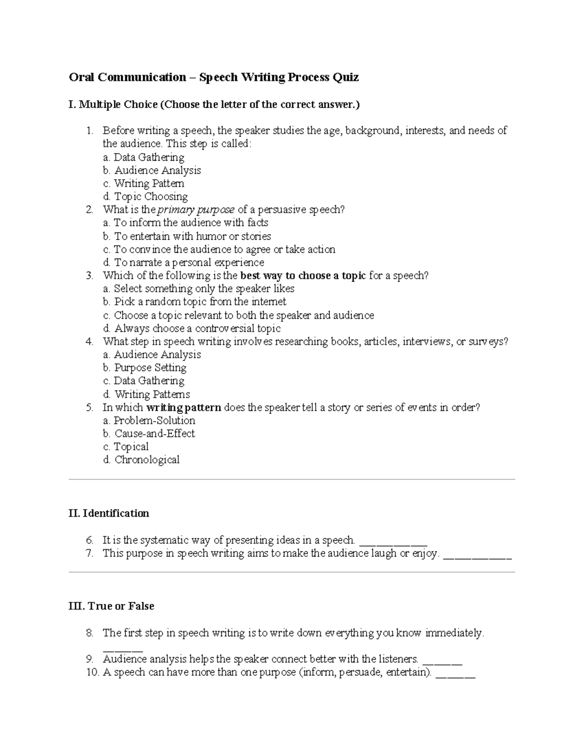 Oral Communication Quiz I: Speech Writing Process Insights - Studocu