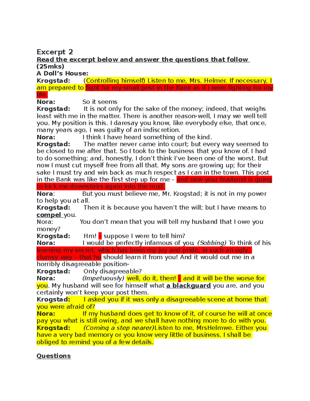 A Doll's House Revision Answers for Online Study (Drama Lit) - Studocu