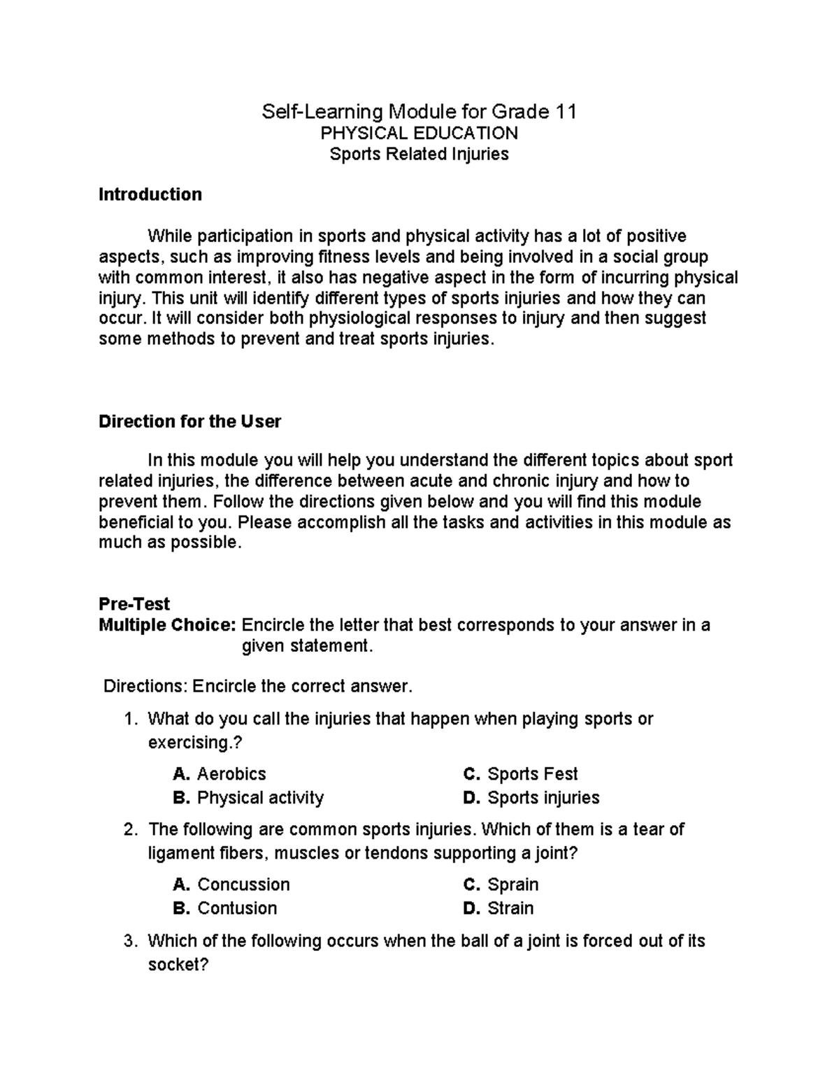 Grade 11 PE Module: Understanding Sports-Related Injuries - Studocu