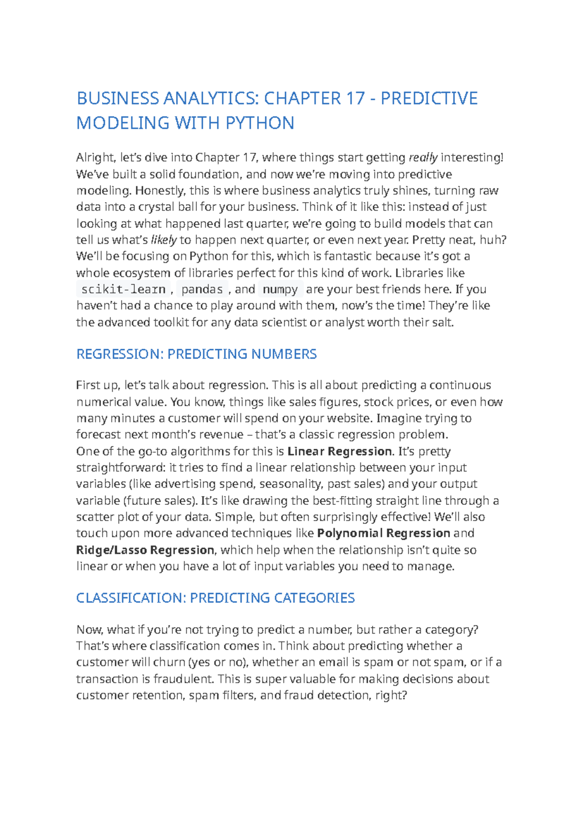 BUSINESS ANALYTICS: CHAPTER 17 PREDICTIVE MODELING WITH PYTHON - Studocu