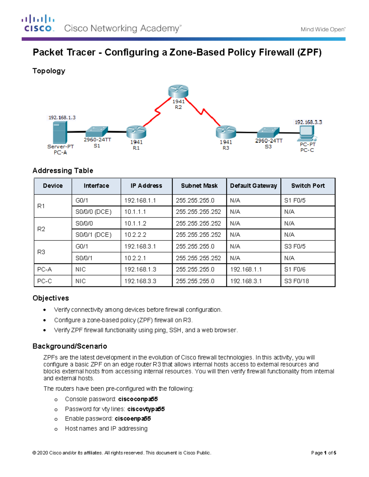 Lab 7 - Zone-Based Policy Firewall Configuration using Packet Tracer - Studocu