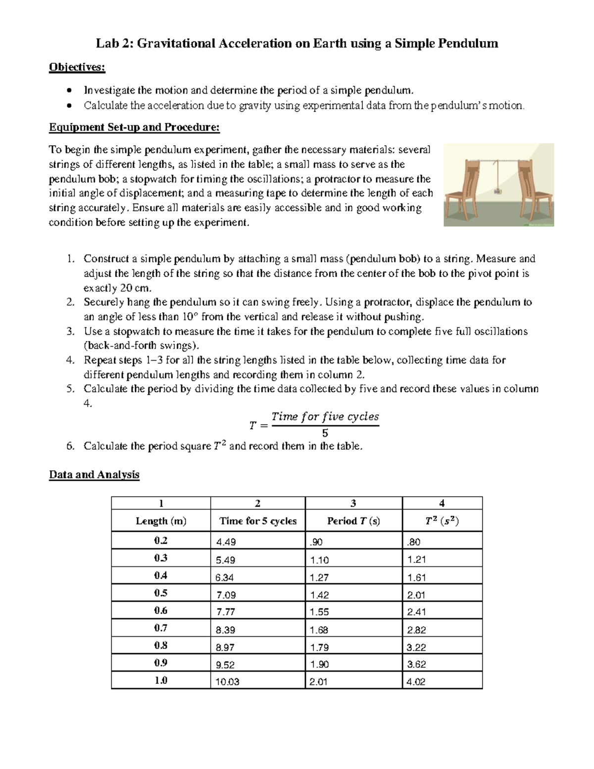 Lab 2: Gravitational Acceleration Using a Simple Pendulum MR - Studocu