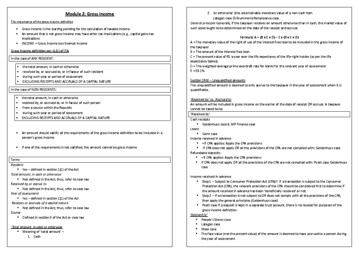 Module 2 Notes: Understanding Gross Income in Tax 1 - Studocu