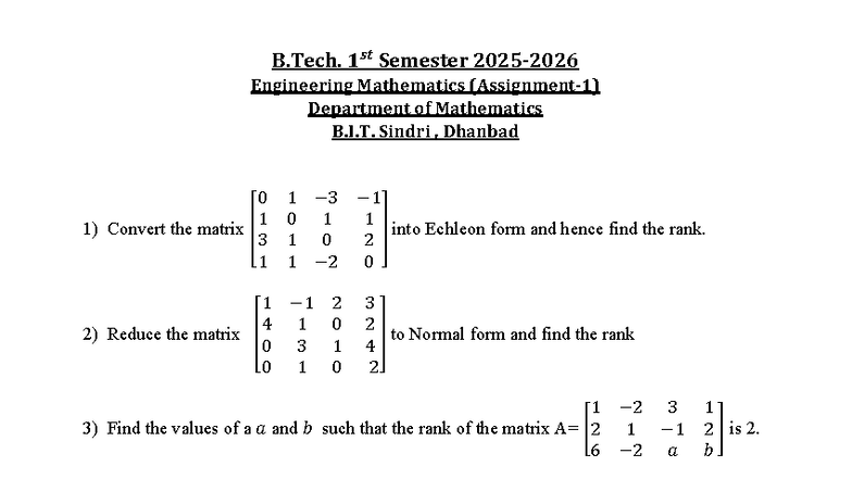 B.Tech. 1st Sem Engineering Mathematics Assignment 1 NEP(25-26) - Studocu