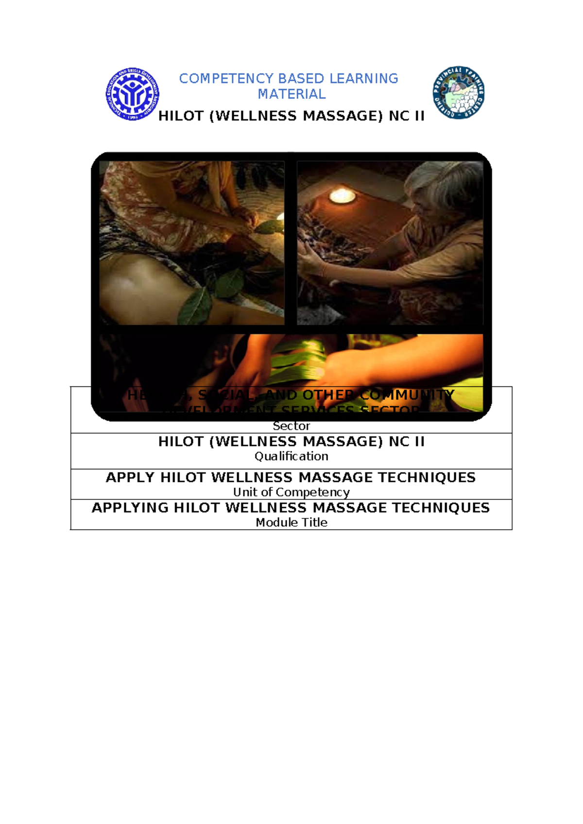 CBLM Module: Applying Hilot Wellness Massage Techniques NC II - Studocu