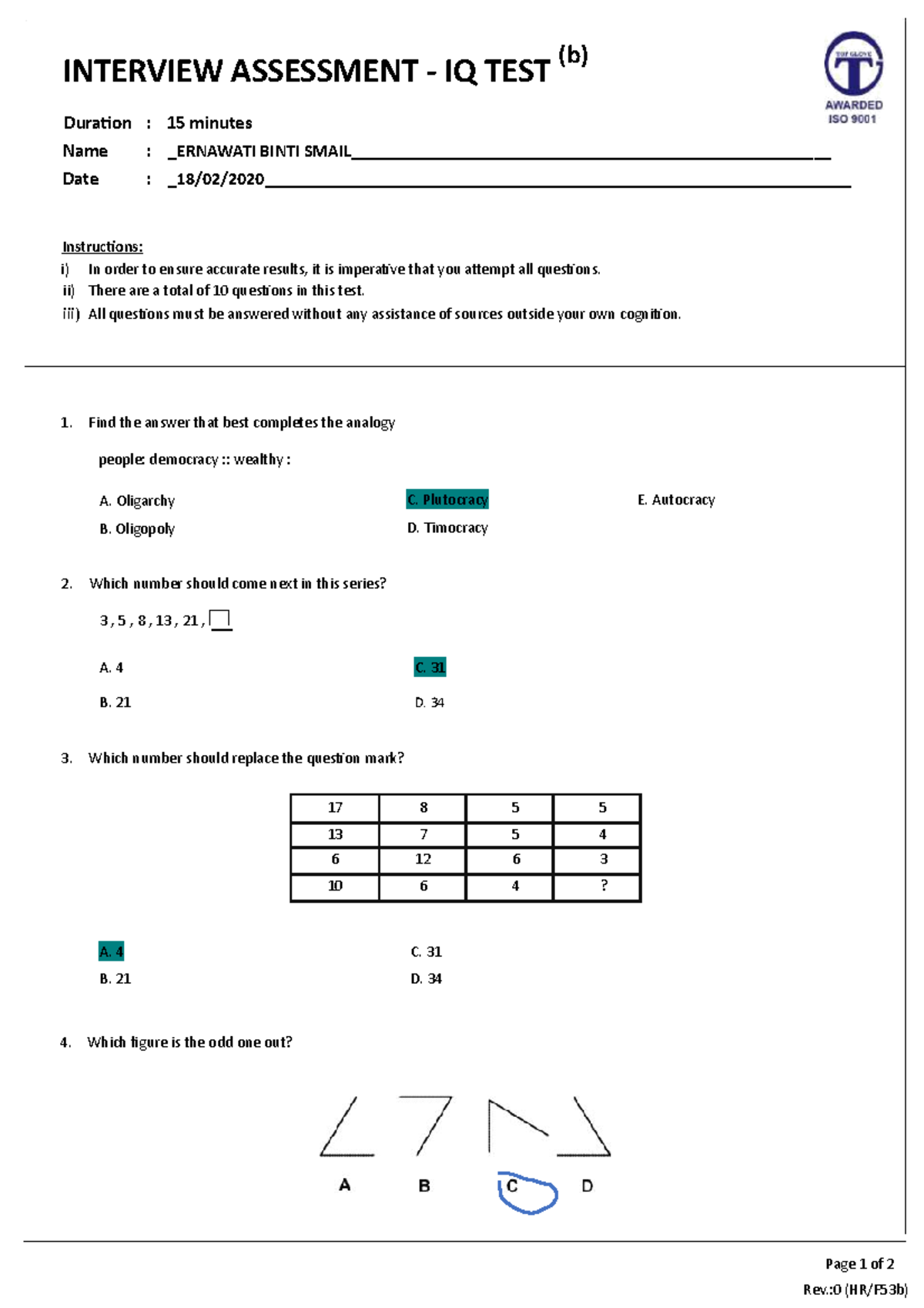 HRF53b - Interview Assessment: IQ Test Set B - Studocu