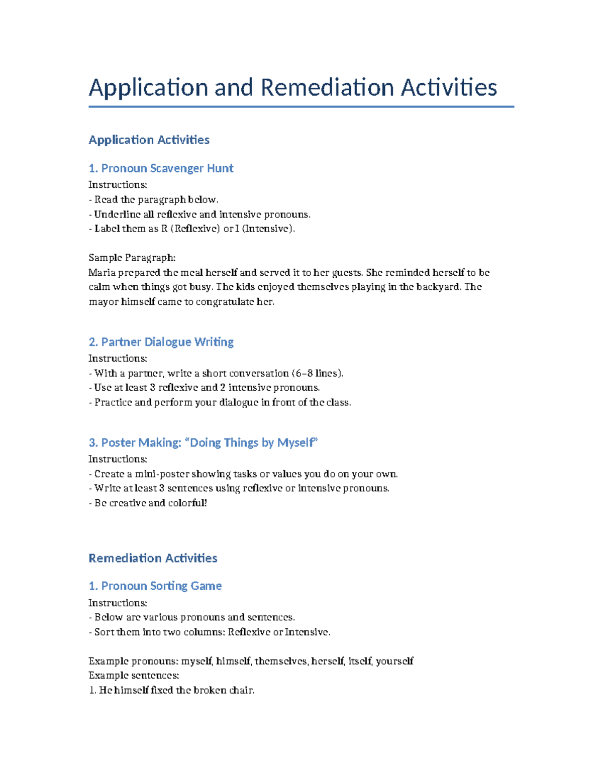 Reflexive Intensive Activities - Application and Remediation Activities ...