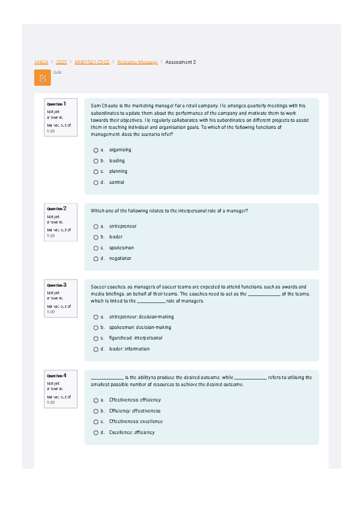 UNISA 2025 Assessment 2: Management Quiz Questions and Answers - Studocu