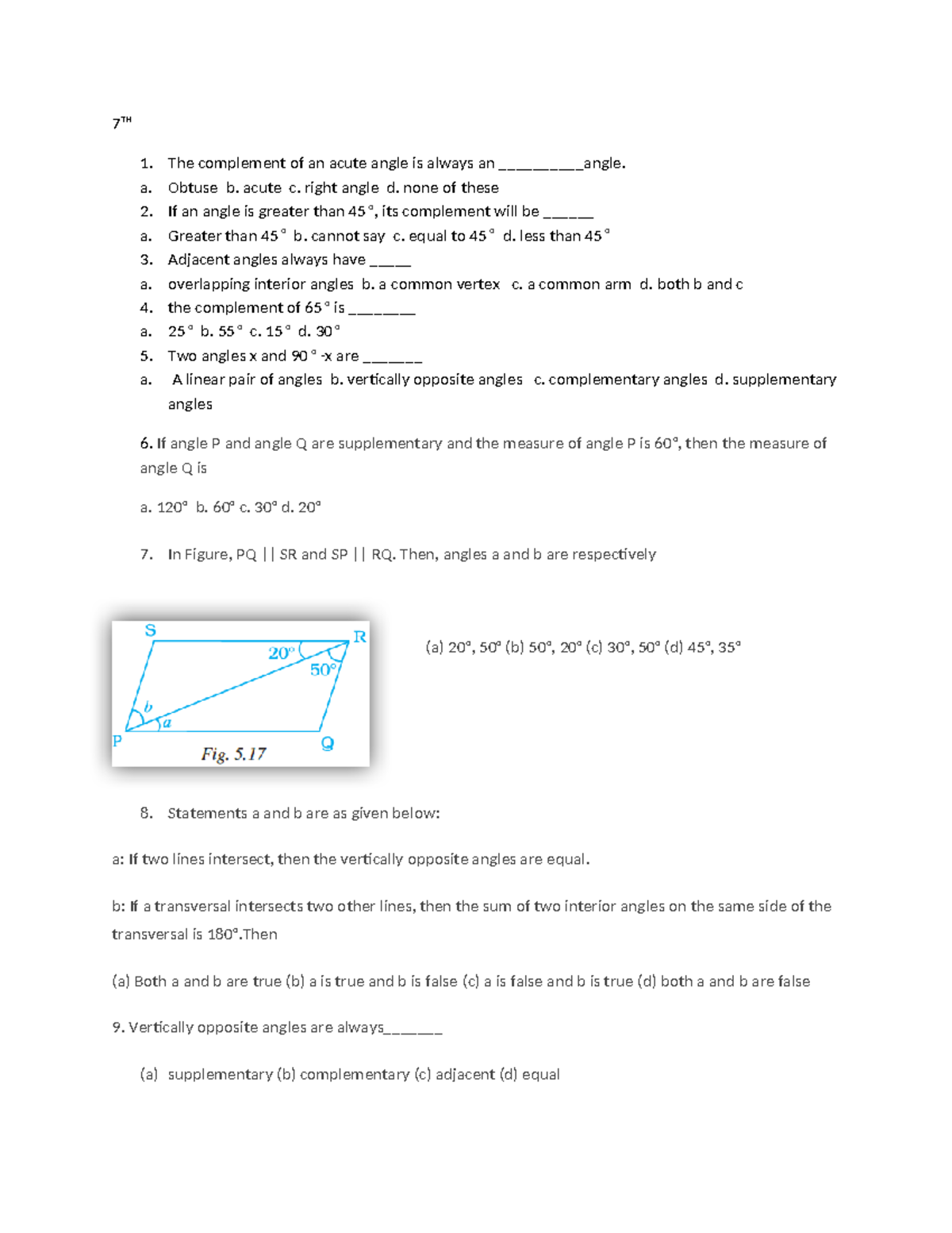 7, 8 mcq for u-3 - hello - 7 TH 1. The complement of an acute angle is ...